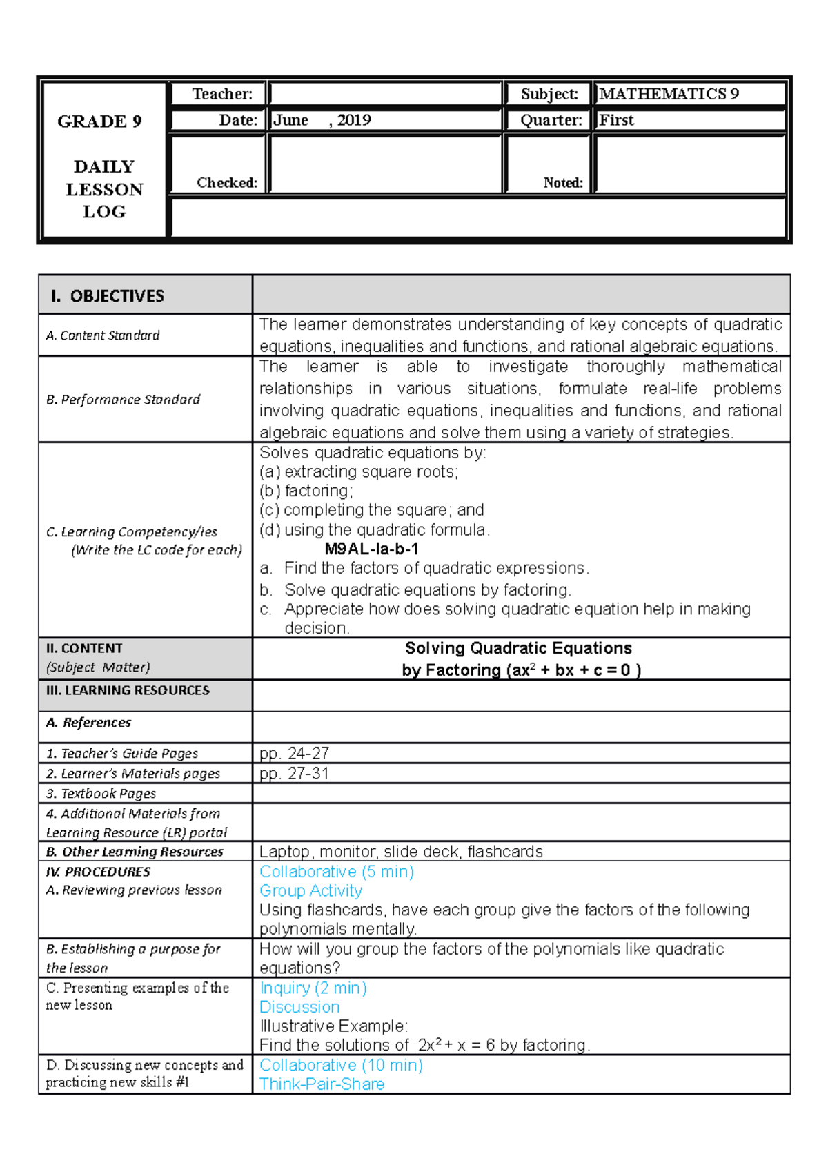 Z 5 DLL Factoring - Quadratic Equation - GRADE 9 DAILY LESSON LOG ...