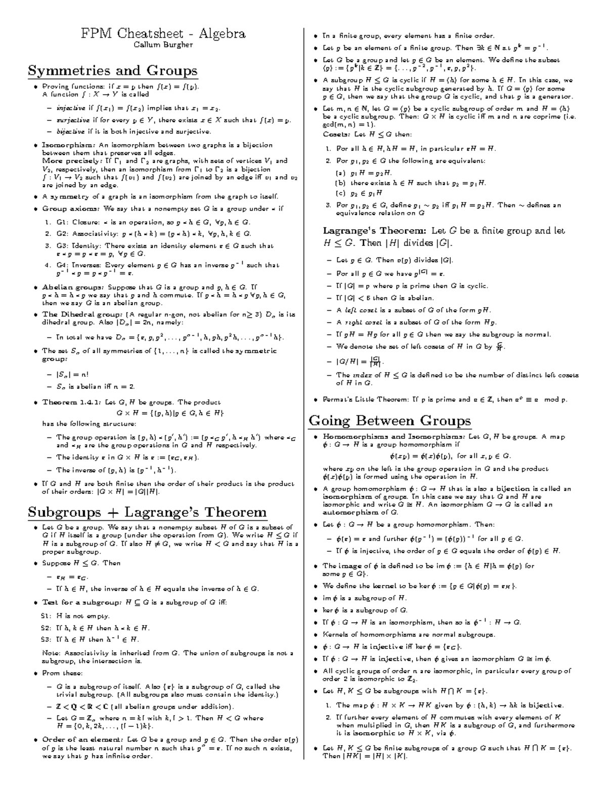 Algebra Cheatsheet - FPM Cheatsheet - Algebra Callum Burgher Symmetries ...