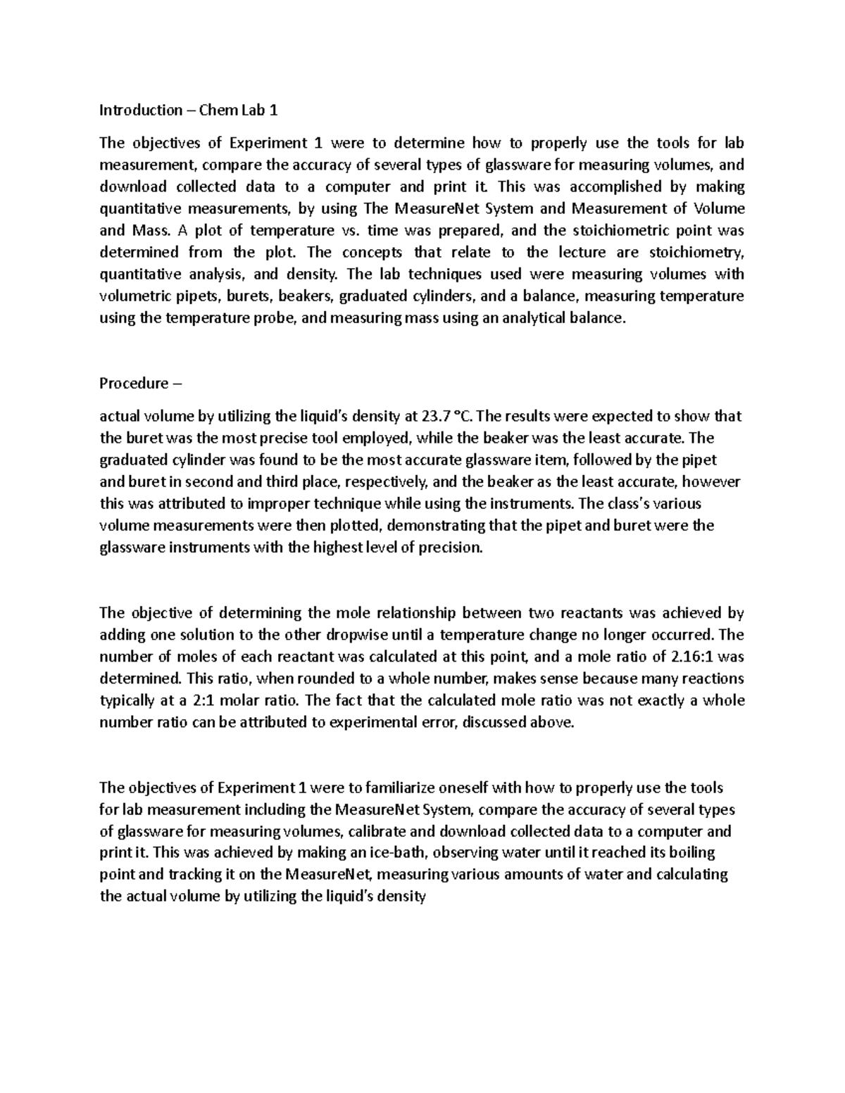 Chem lab 1 document - Introduction – Chem Lab 1 The objectives of ...