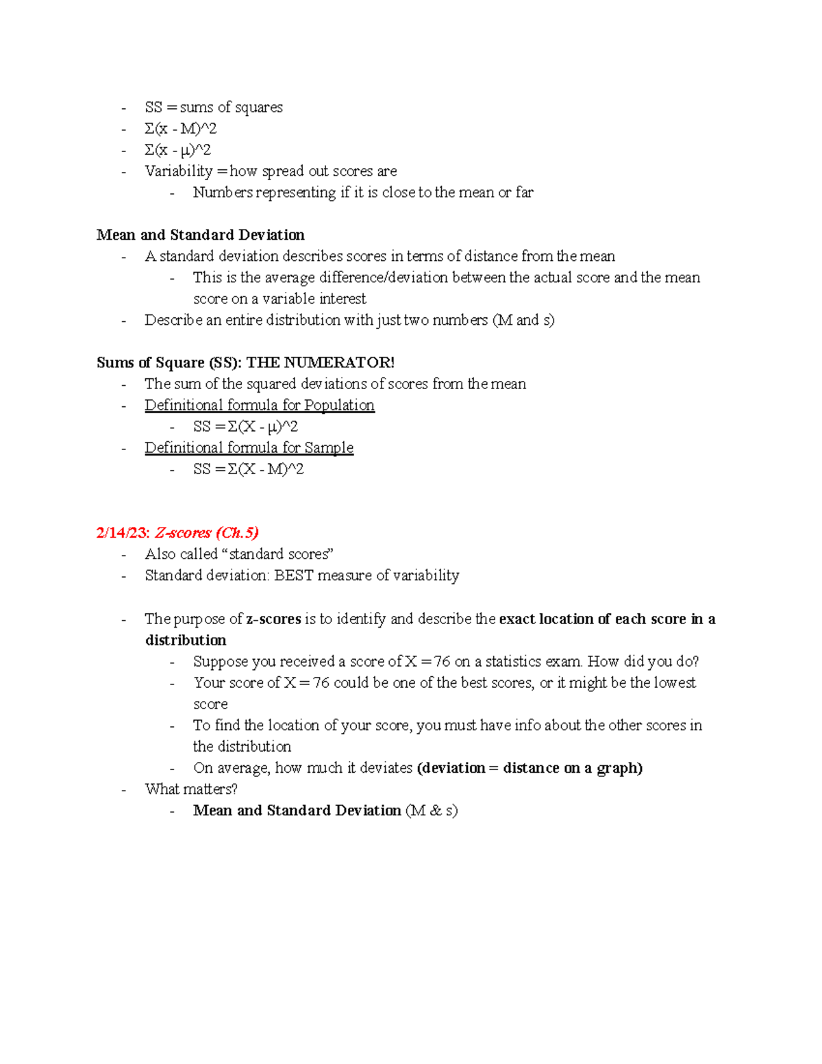Psych Statistics Notes - SS = sums of squares Σ(x - M)^ Σ(x - μ ...