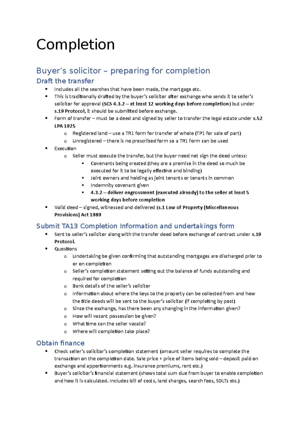 Completion - Lecture notes 7 - Completion Buyer’s solicitor – preparing ...