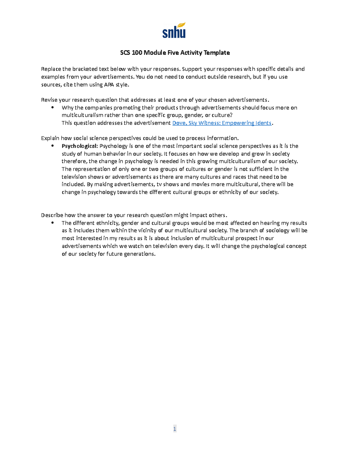 SCS 100 Module Five Activity Template - SCS 100 Module Five Activity Template Replace the ...