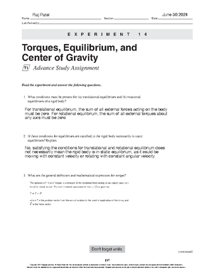 Experiment 14 Torques, Equilibrium, and Center of Gravity - Raj Patel ...