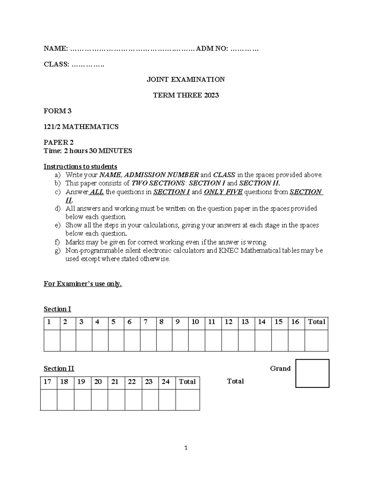 F3 Maths PP2 QST 2024 - F3 End of term 3 Exams - NAME: - Studocu