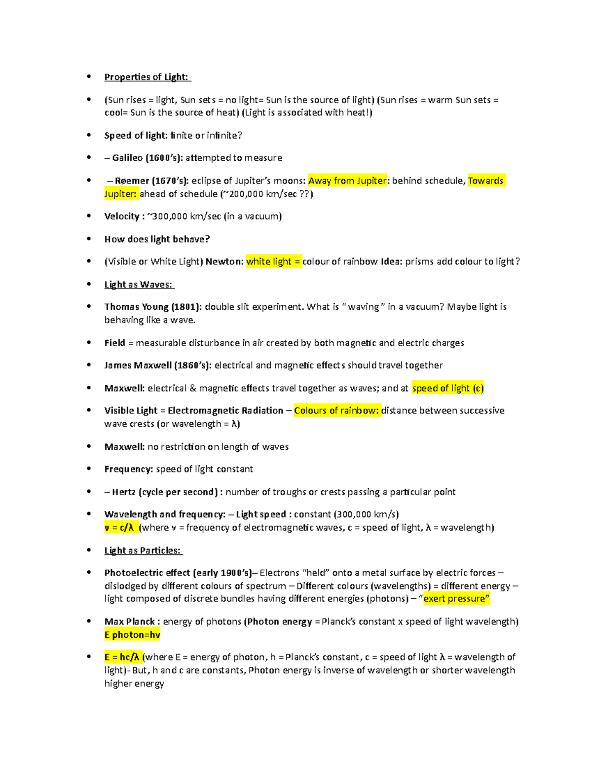 Light stuff - notes - Properties of Light: (Sun rises = light, Sun sets ...
