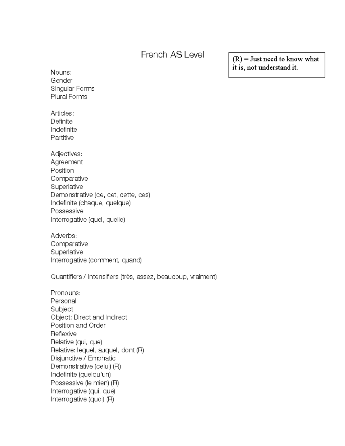 French AS Level - Need To Know - French AS Level Nouns: Gender Singular ...