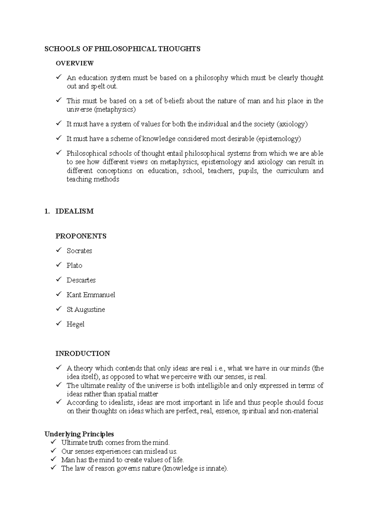 Schools OF Philosophical Thoughts-1 - SCHOOLS OF PHILOSOPHICAL THOUGHTS OVERVIEW An education ...