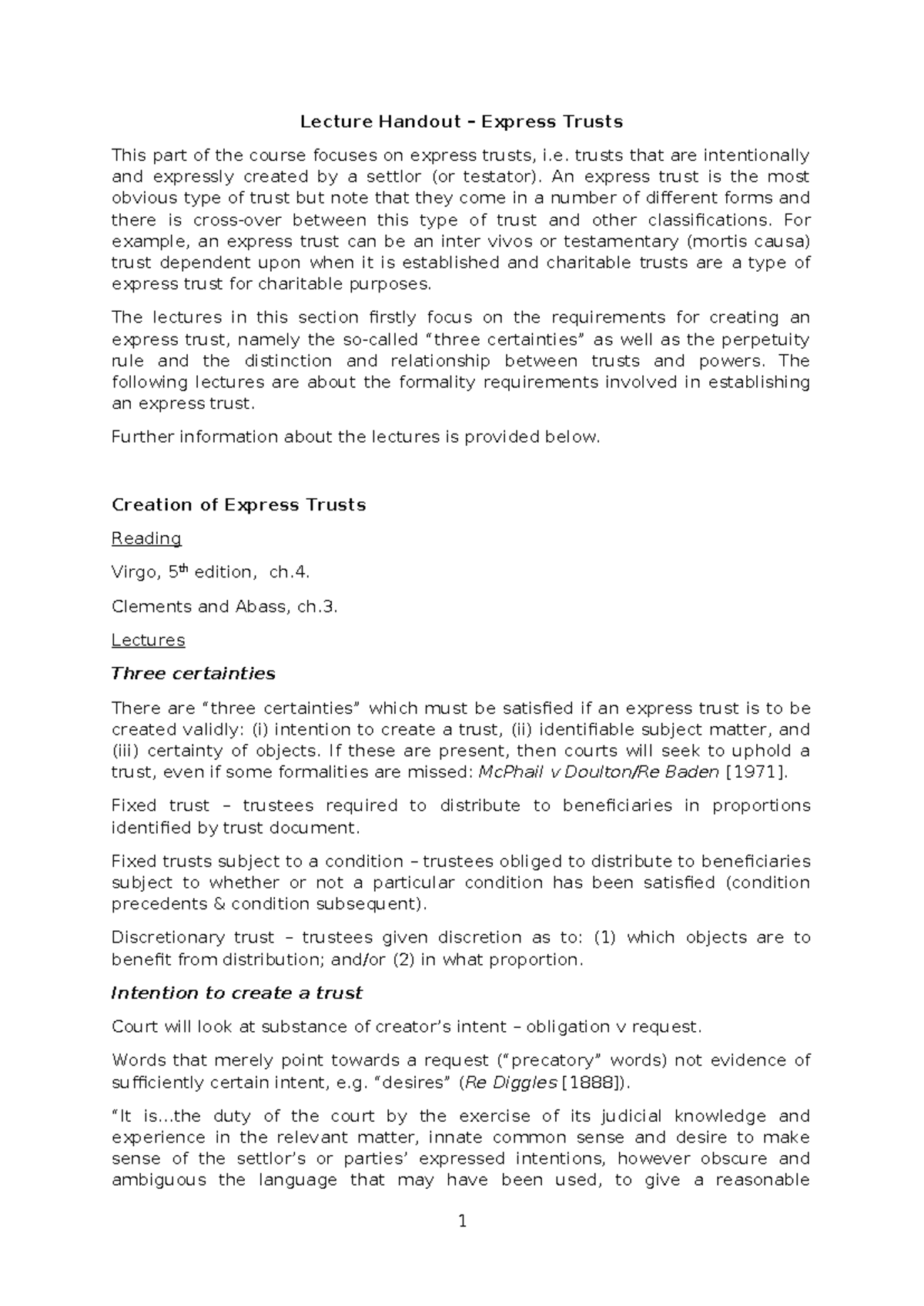 Lecture Handout - Express Trusts 2023-24 - Lecture Handout – Express Trusts This part of the ...