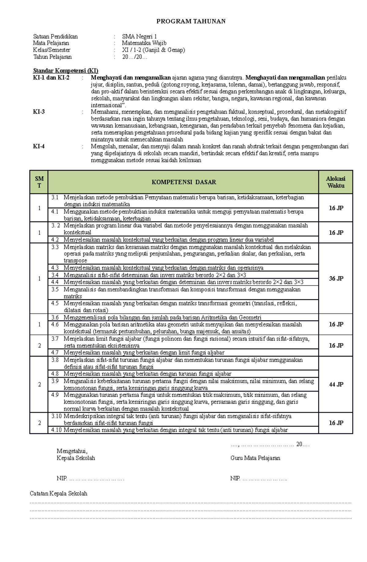 Centralpendidikan.com Program Tahunan - PROGRAM TAHUNAN Satuan Pendidikan : SMA Negeri 1 Mata ...