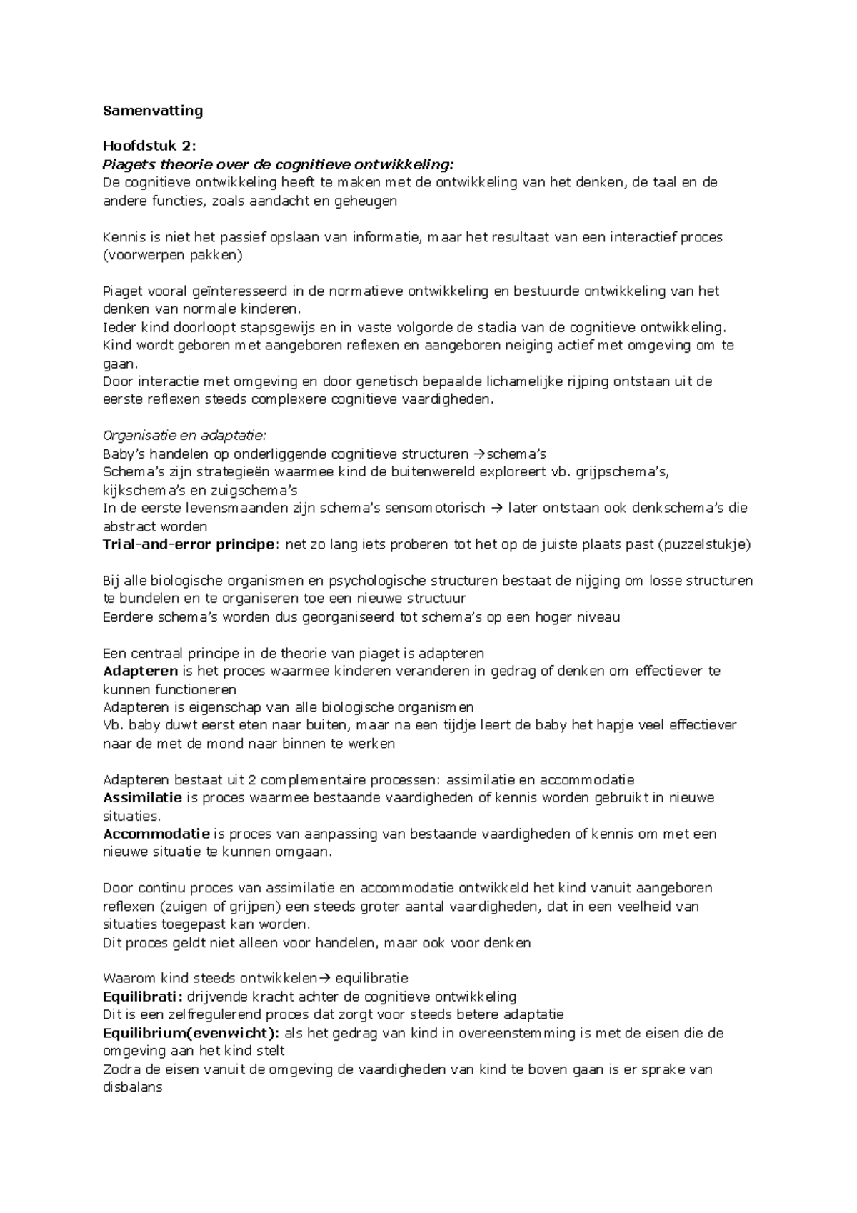 Hdju ontwikkeling van het kind - Samenvatting Hoofdstuk 2: Piagets ...