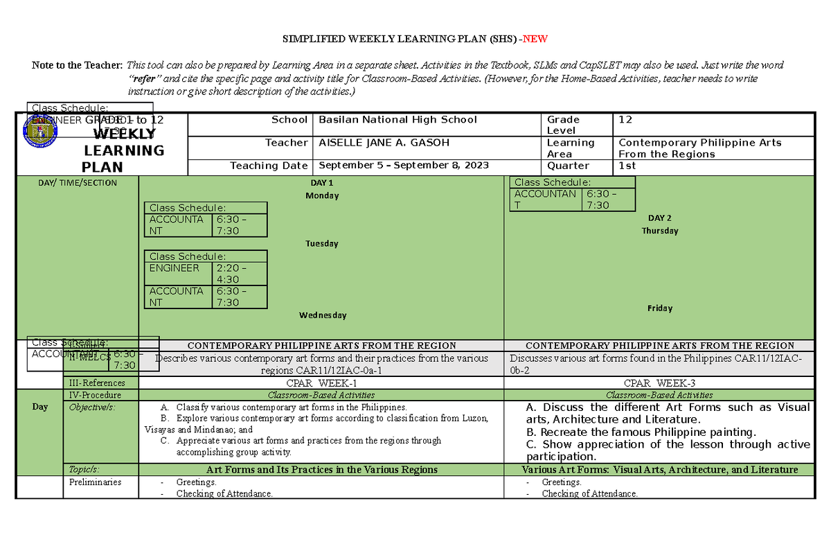 WLP CPAR Week 2 2023-2024 - SIMPLIFIED WEEKLY LEARNING PLAN (SHS) -NEW ...