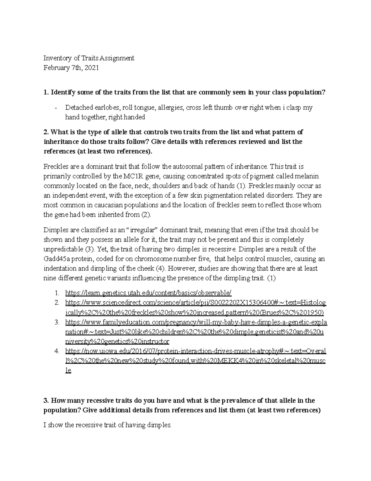 Inventory of Traits Assignment - Inventory of Traits Assignment ...