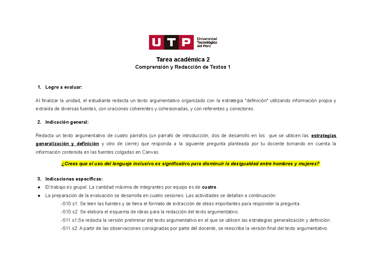 GC N01I TA2Consigna 22C1M - Tarea académica 2 Comprensión y Redacción de Textos 1 1. Logro a ...