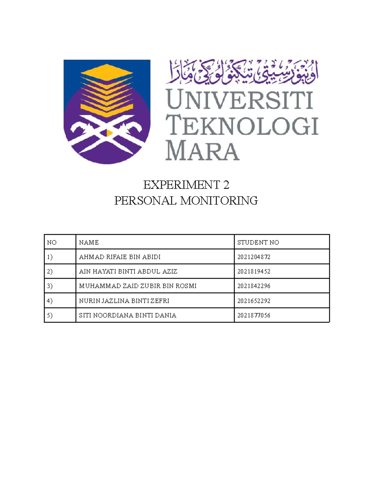 IHS 242 Personal Monitoring LAB Report - EXPERIMENT 2 PERSONAL ...