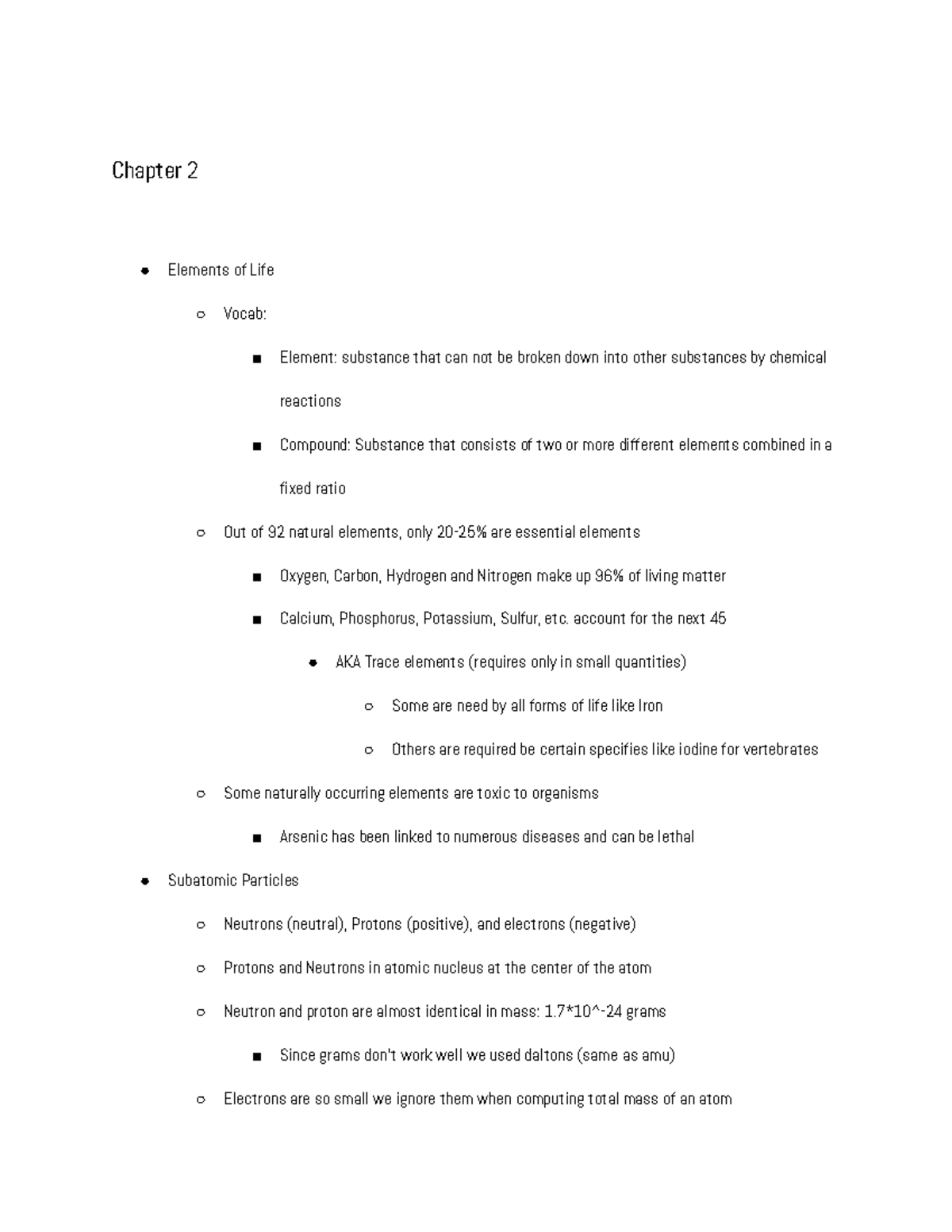 Bio Chapter 2 Notes - Chapter 2 Elements of Life Vocab: Element ...