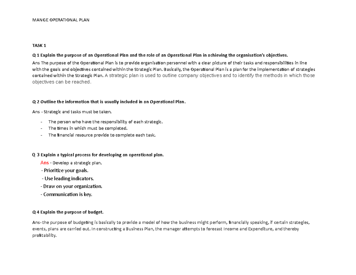 Operational PLAN up.docx - MANGE OPERATIONAL PLAN TASK 1 Q 1 Explain ...