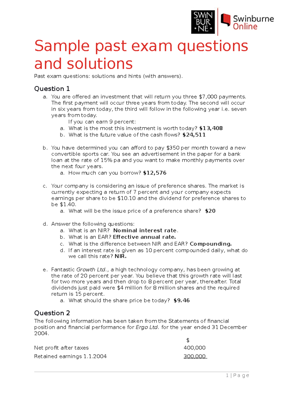 Sample past exam questions' solutions W12 - Sample past exam questions ...