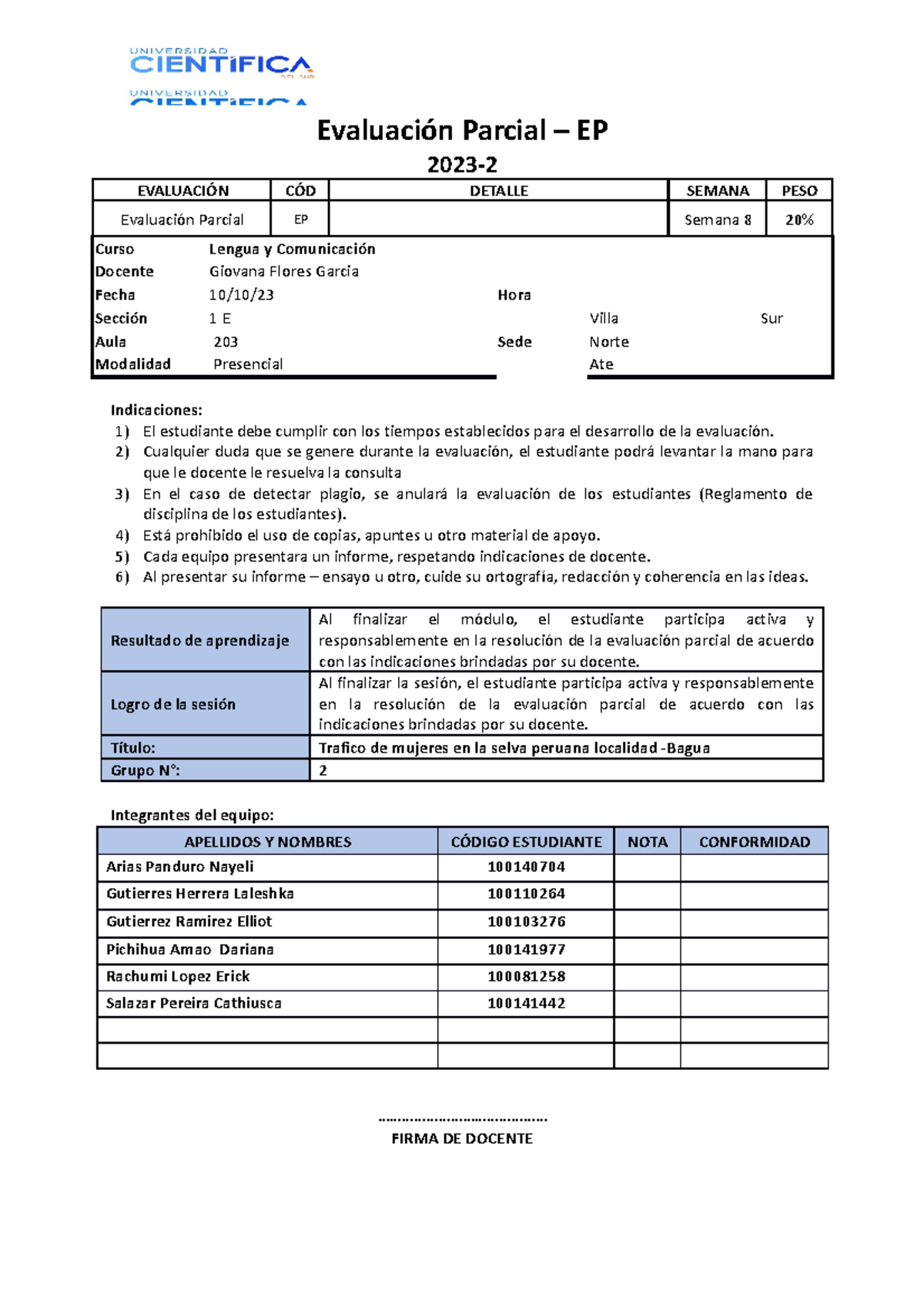 EP-Lengua y Comunicación Nuevas 2023-II - Evaluación Parcial – EP 2023- EVALUACIÓN CÓD DETALLE ...