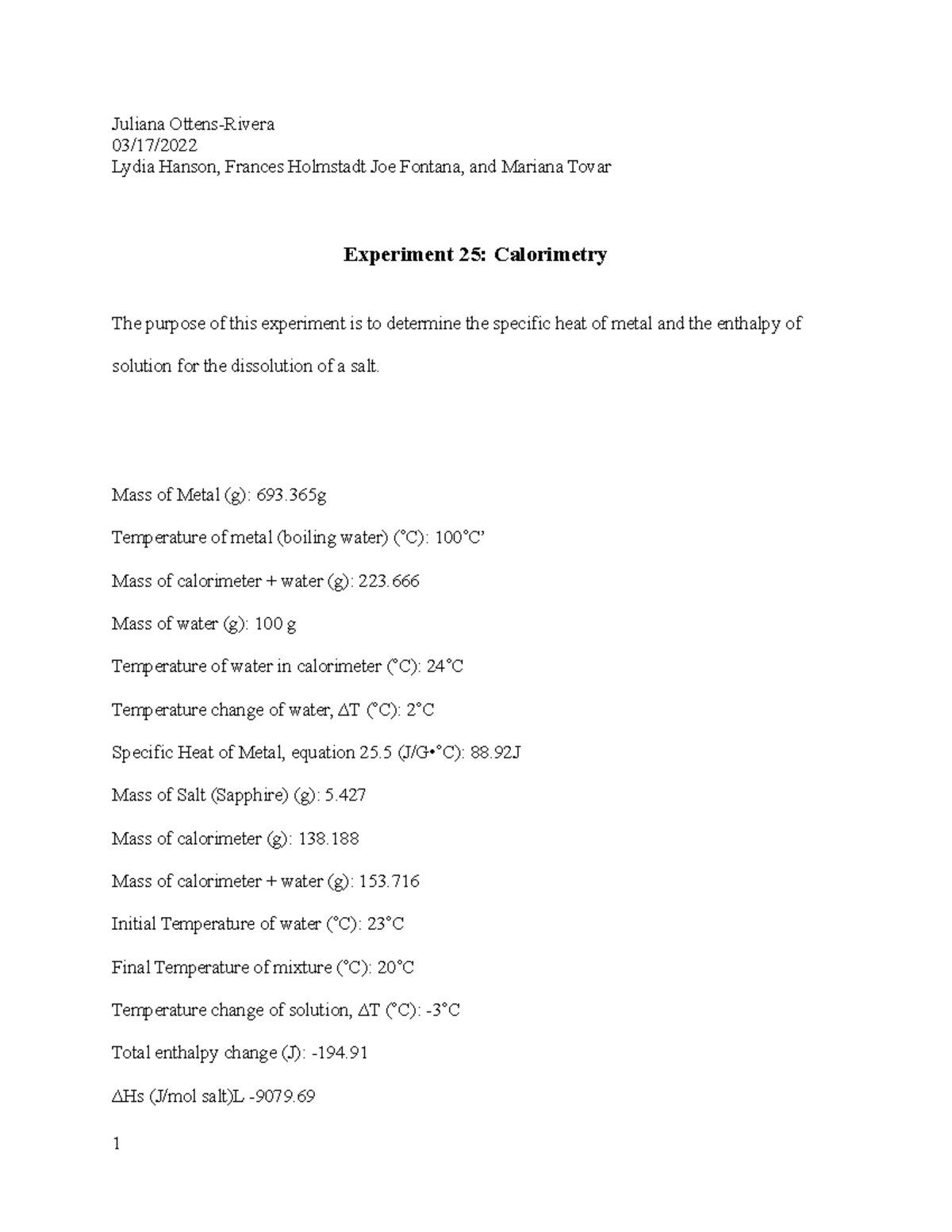 Experiment 25 Lab Report - Juliana Ottens-Rivera 03/17/ Lydia Hanson ...