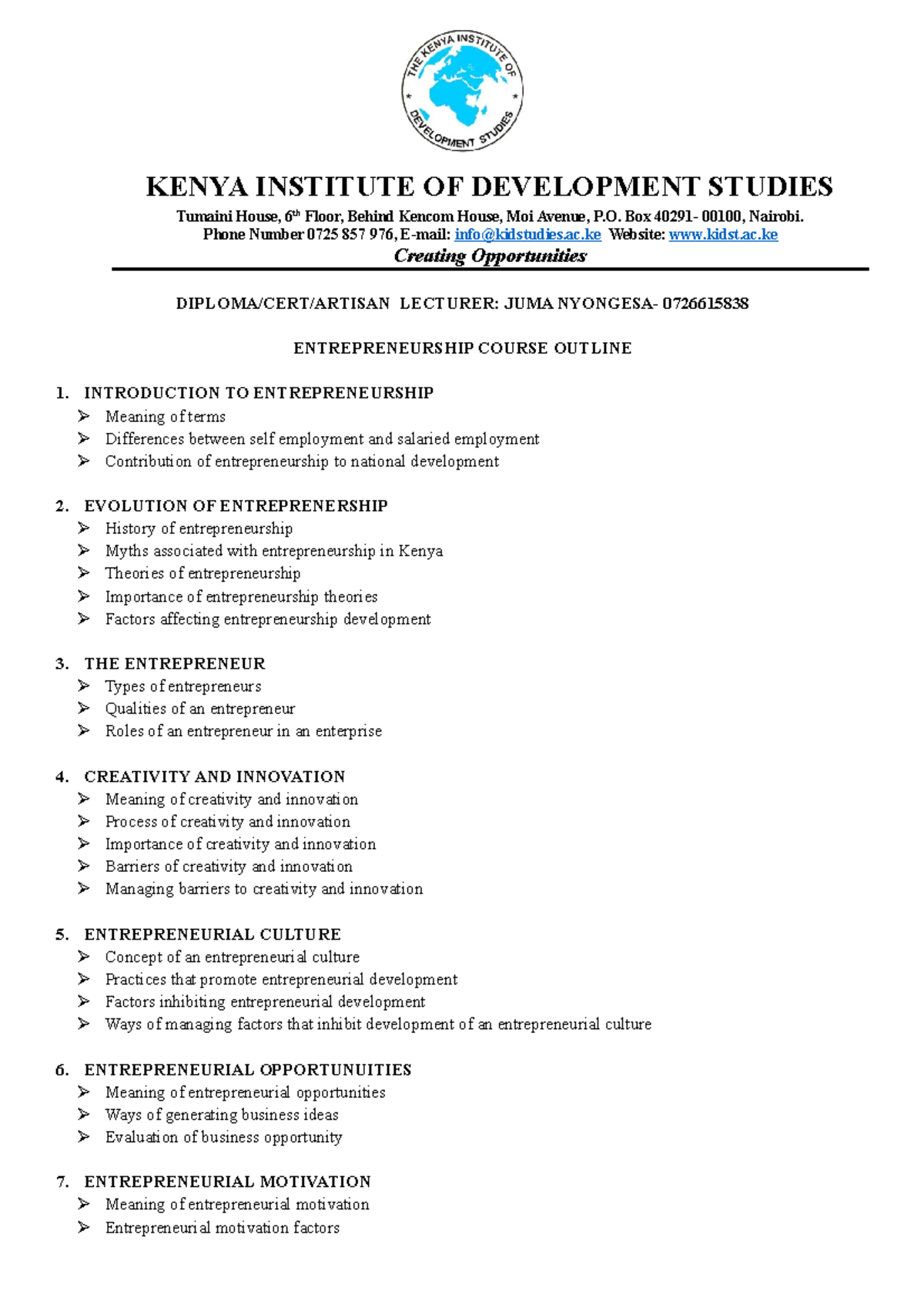 Entrepreneurship outline - KENYA INSTITUTE OF DEVELOPMENT STUDIES ...