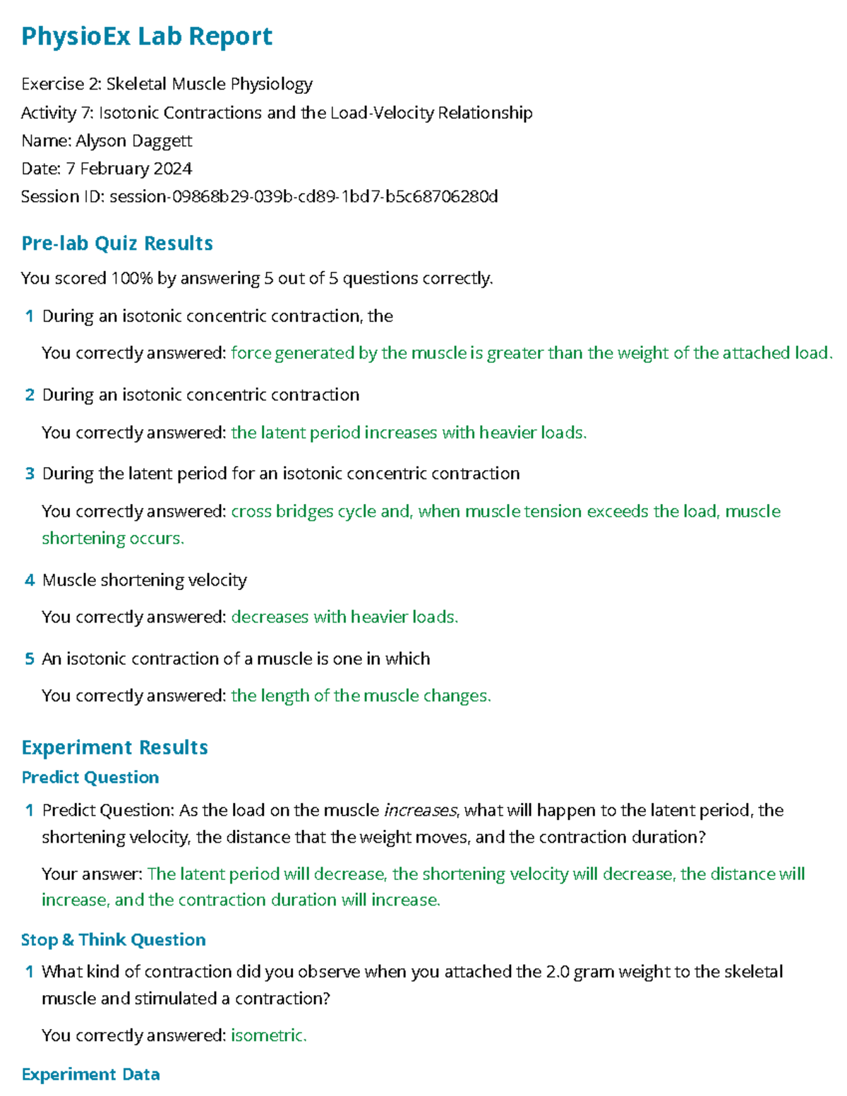 Bio 035 physio 2 - PhysioEx Lab Report Exercise 2 : Skeletal Muscle ...