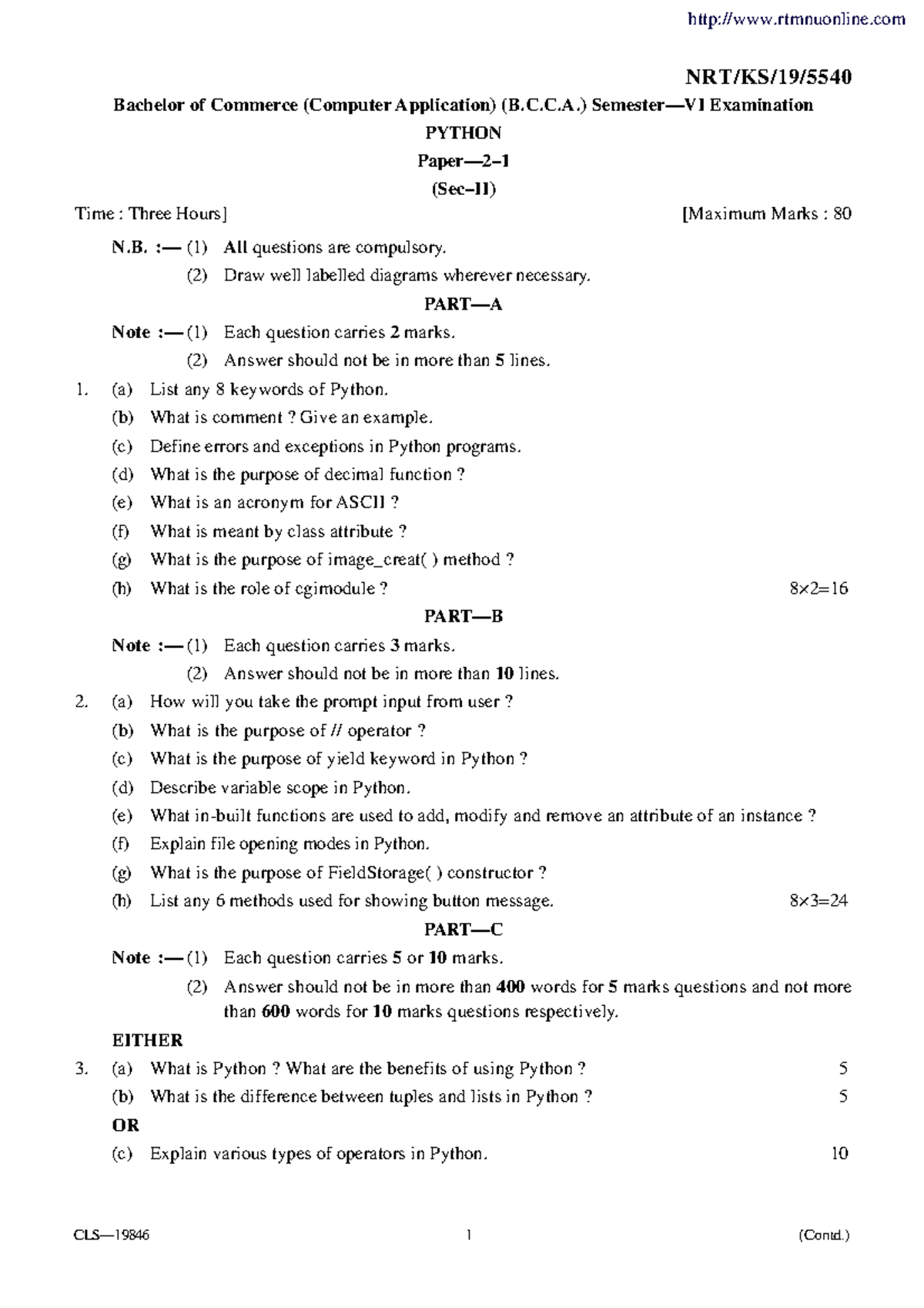 Bcca 6 sem python 5540 summer 2019 - NRT/KS/19/ Bachelor of Commerce (Computer Application) (B.C ...