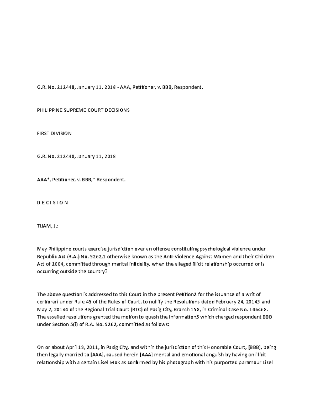C AAA V BBB GR212448 - case - G. No. 212448, January 11, 2018 - AAA ...