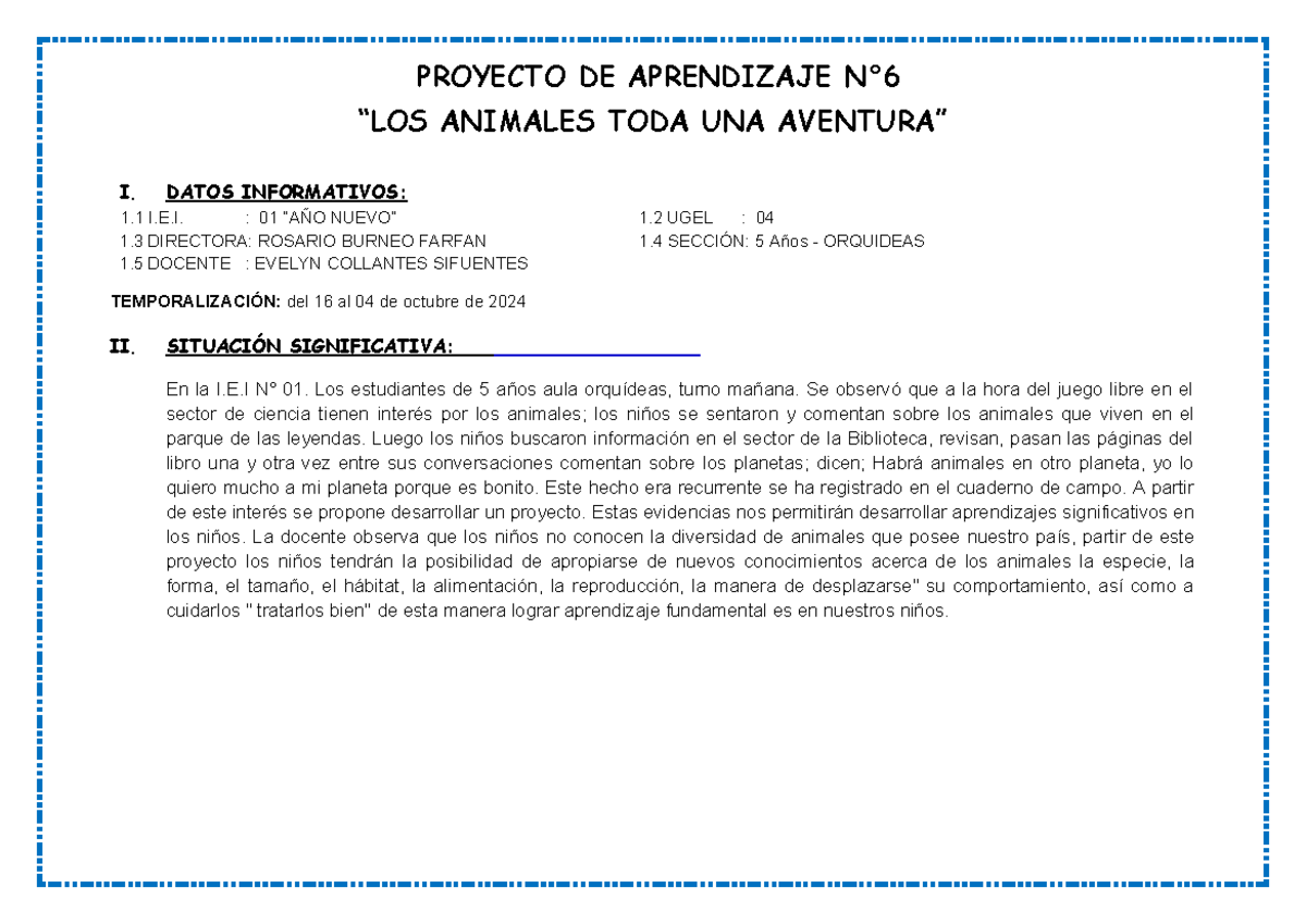 Proyecto DE Aprendizaje N° 6 - PROYECTO DE APRENDIZAJE N° “LOS ANIMALES TODA UNA AVENTURA” I ...