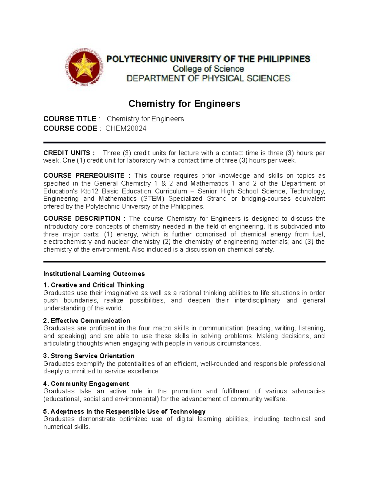 Chem For Engineers Syllabus Chemistry For Engineers COURSE TITLE 