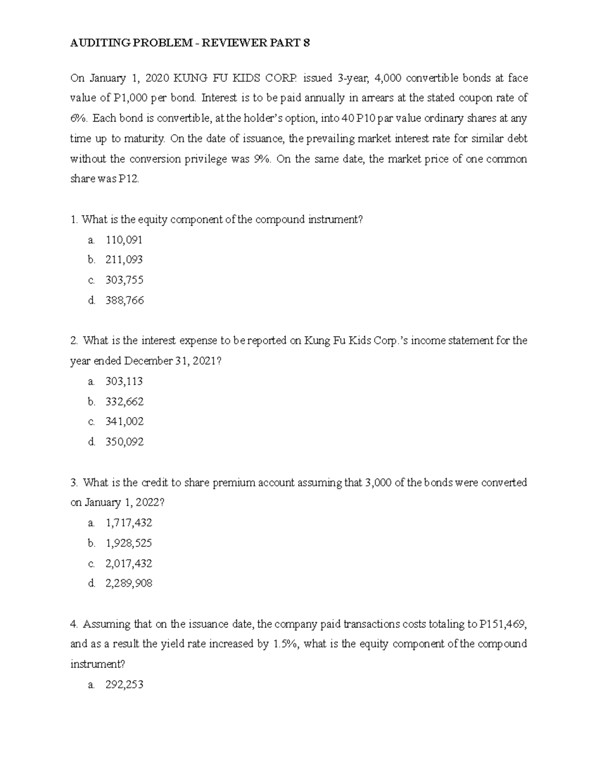 Auditing Problem - Reviewer Part 8 - On January 1, 2020 KUNG FU KIDS ...