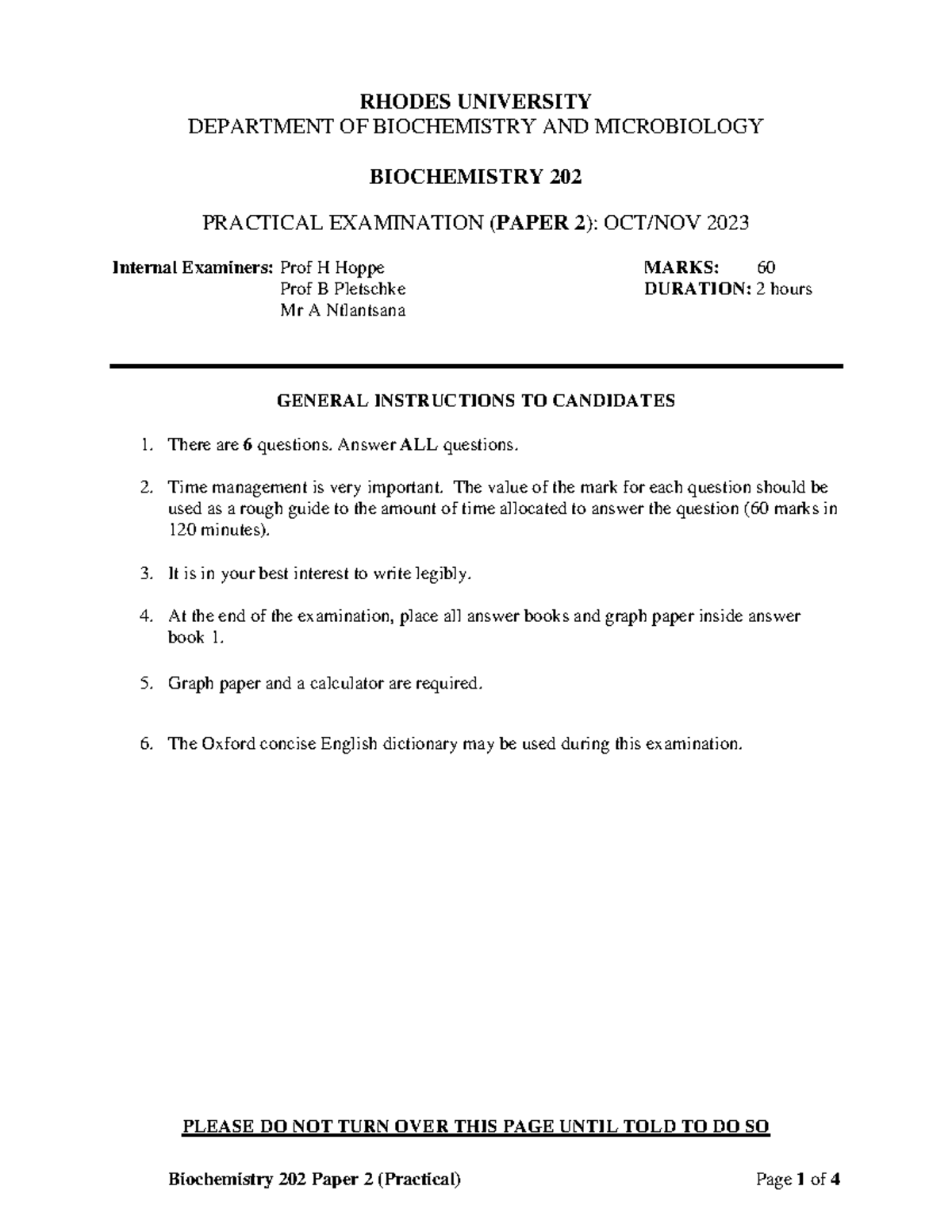 BCH 202 Paper 2 Practical Exam 2023 - RHODES UNIVERSITY DEPARTMENT OF ...