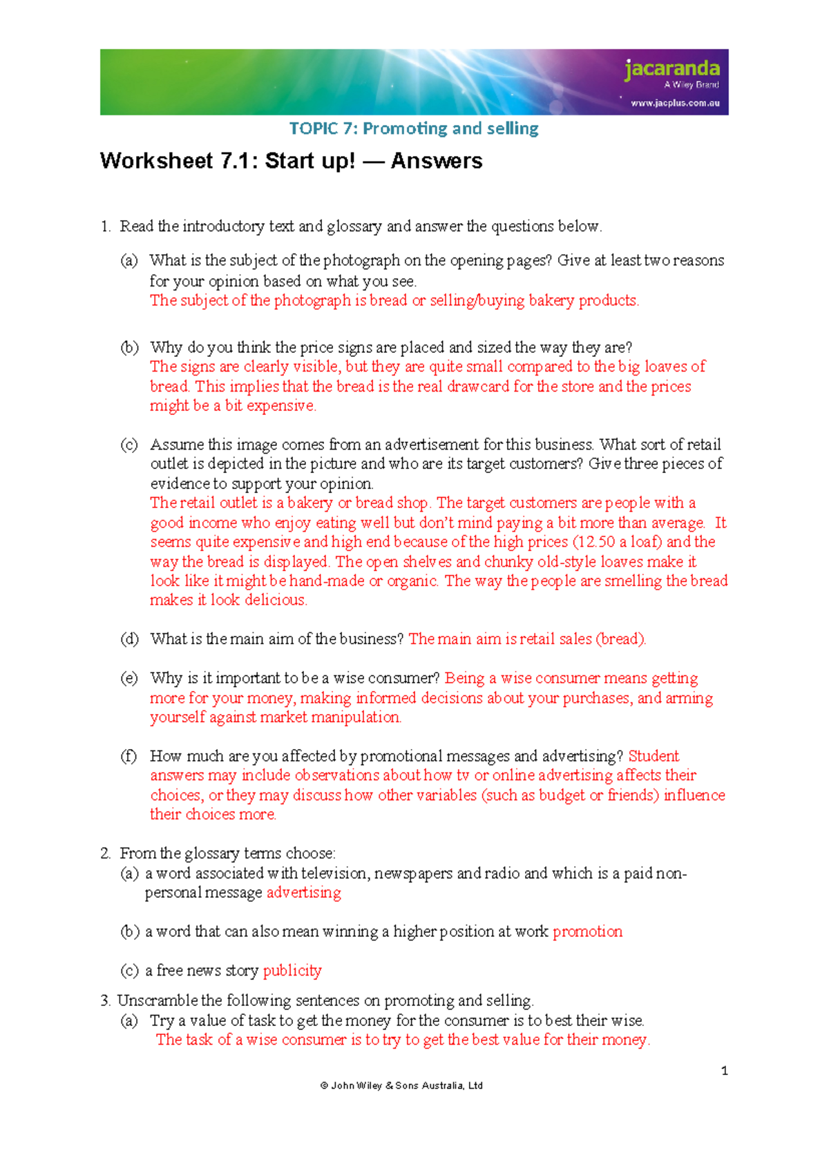 Chapt 7wkans - NOTES - TOPIC 7: Promoting and selling Worksheet 7 ...