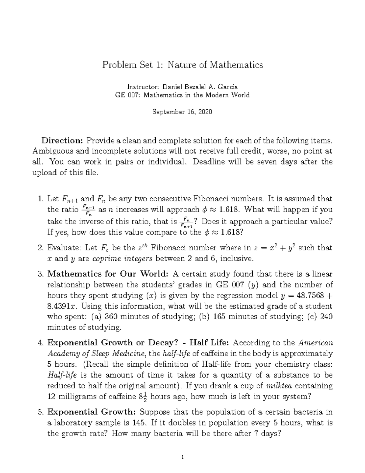 GE007 Problem Set 1 - Mathematics in the Modern World - PangSU - Studocu