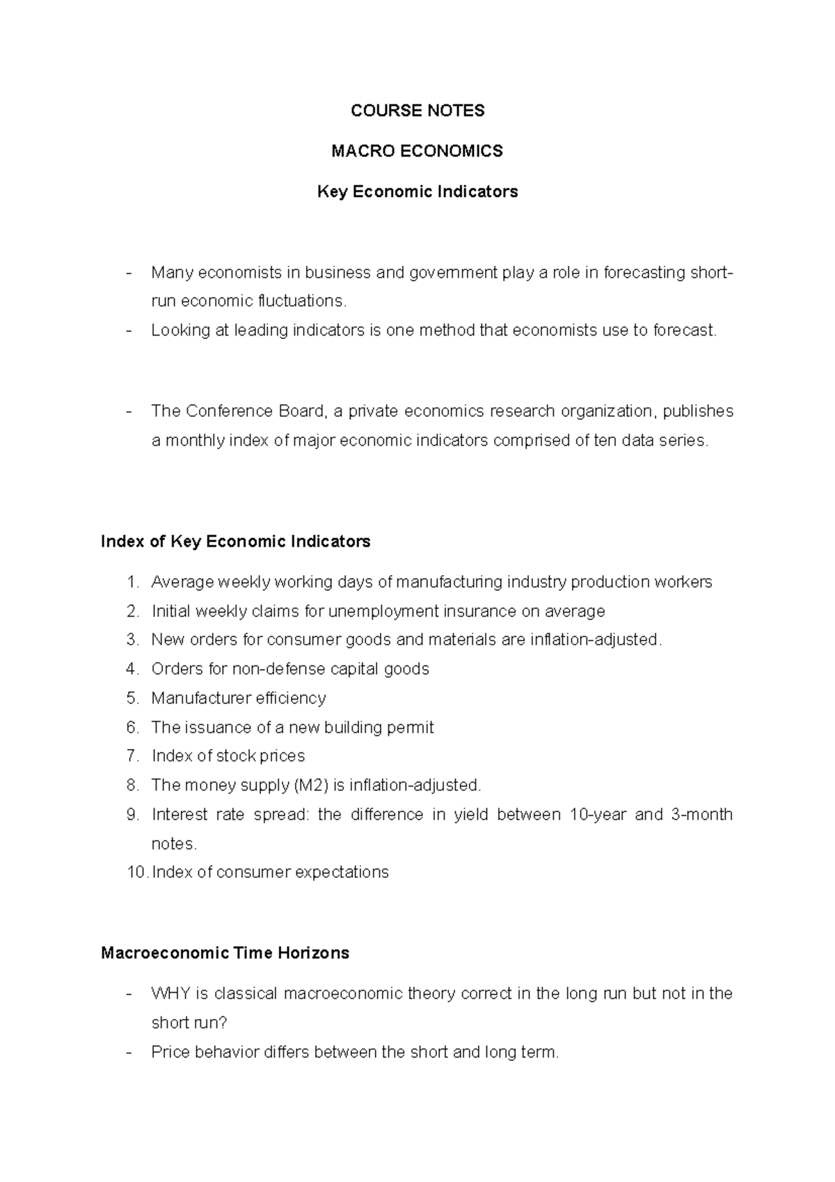 Course Notes Macroeconomics Key Economic Indicators - COURSE NOTES ...