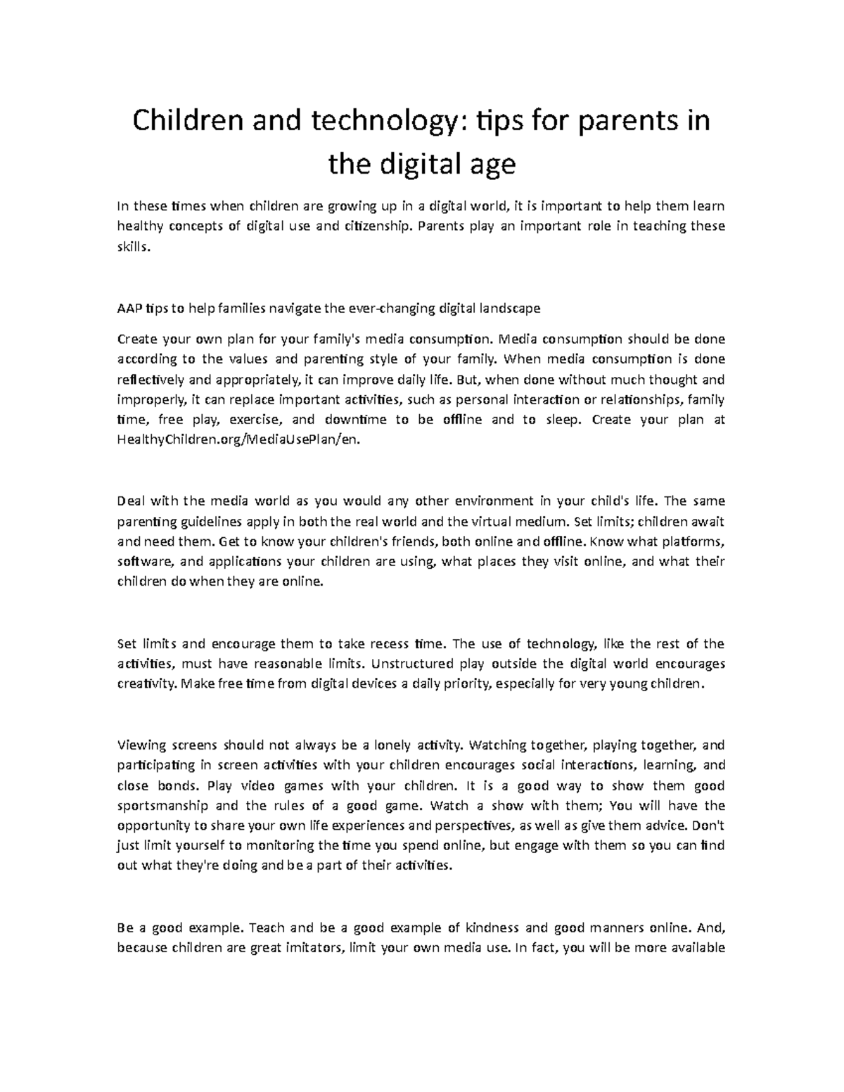 Children and technology - Parents play an important role in teaching ...