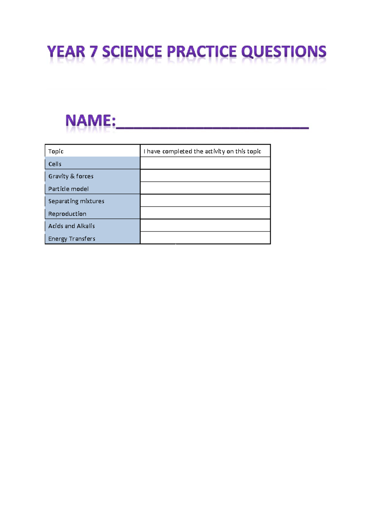 Year 7 Science practice Questions 1 - Topic I have completed the ...