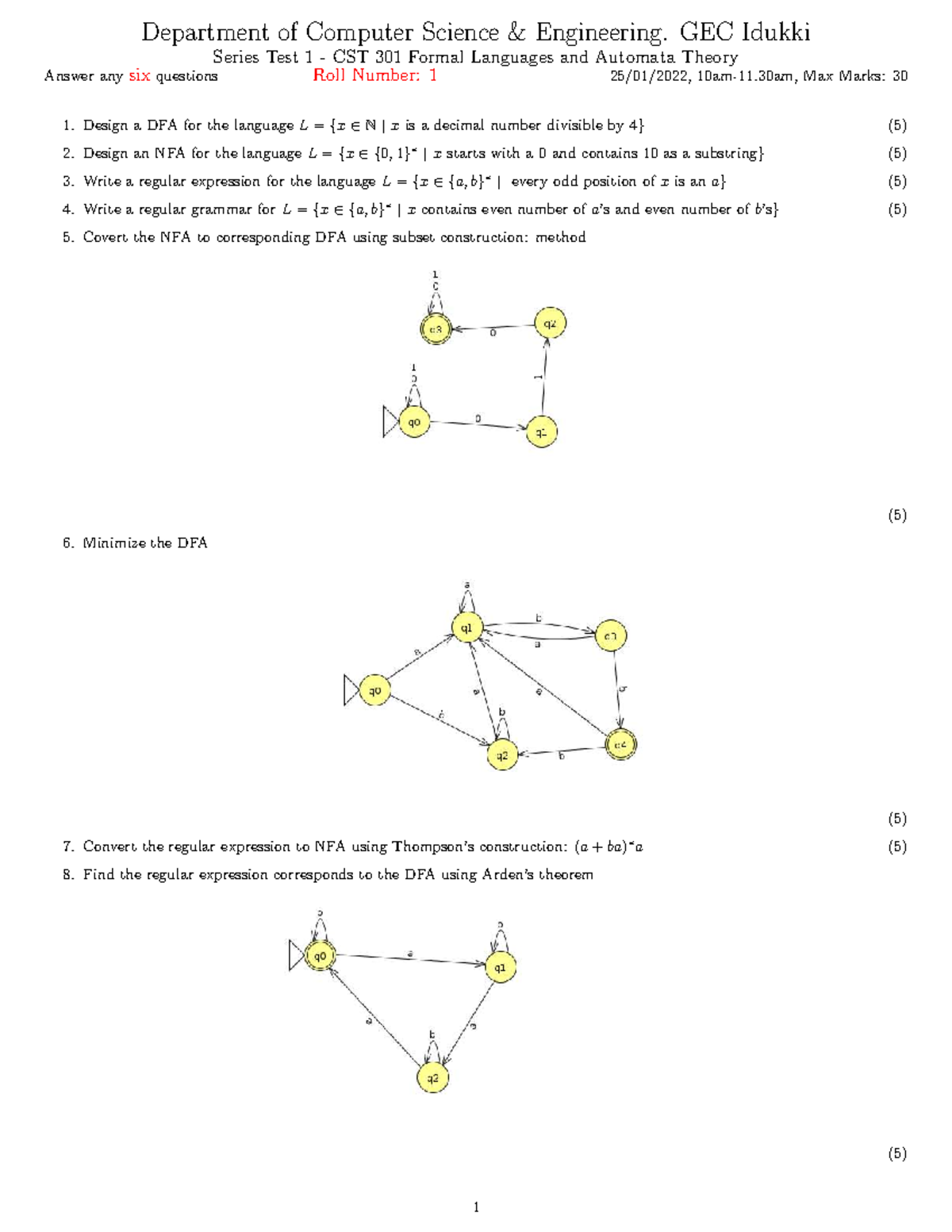 CST301-FLAT - Tutorial - Series Test 1 - CST 301 Formal Languages and ...