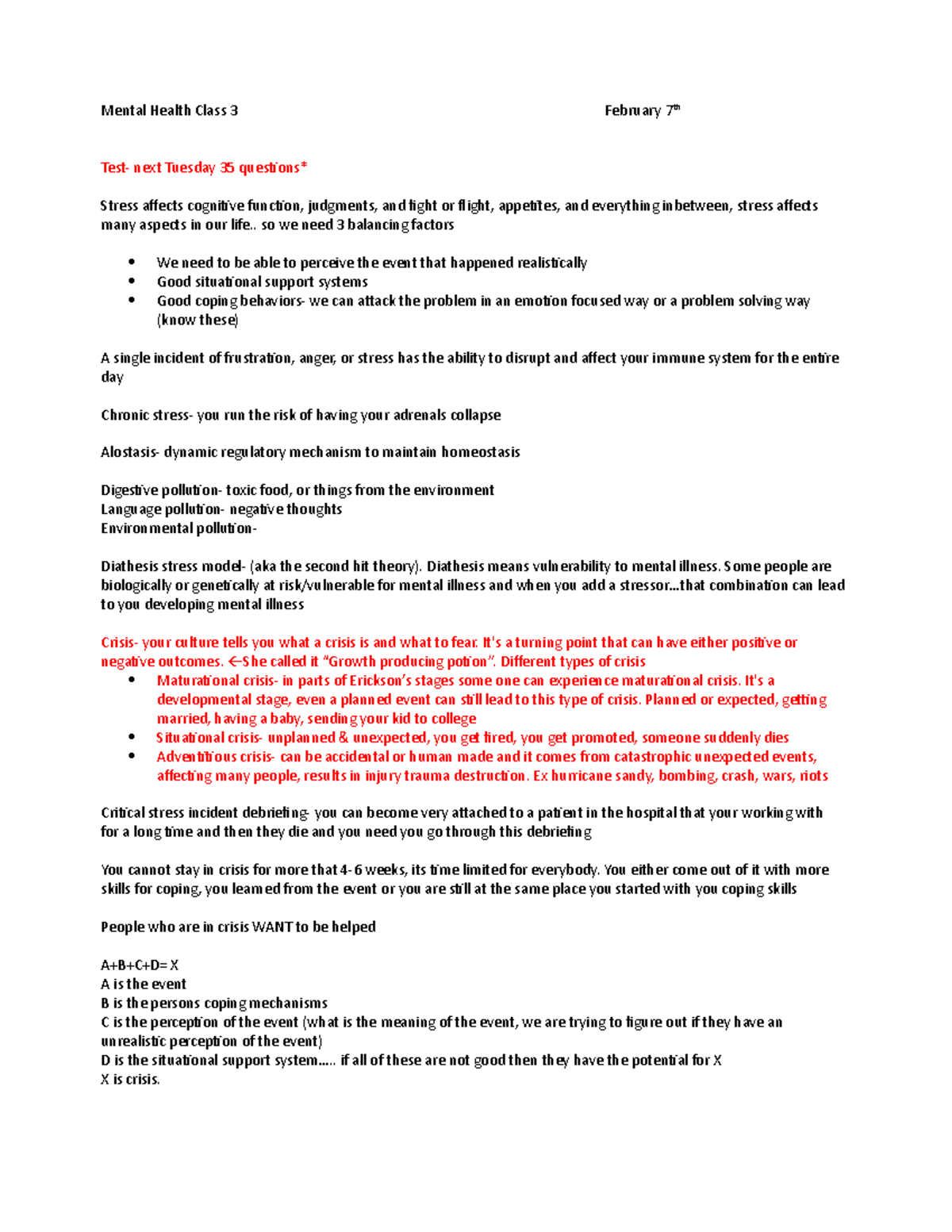 Mental Health Class 3 - lecture notes - Mental Health Class 3 February ...