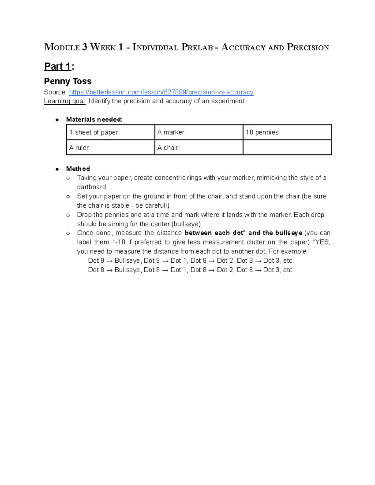 Copy of Module 3 Week 1 - Individual Prelab - Accuracy and Precision Template - MODULE 3 WEEK 1 ...