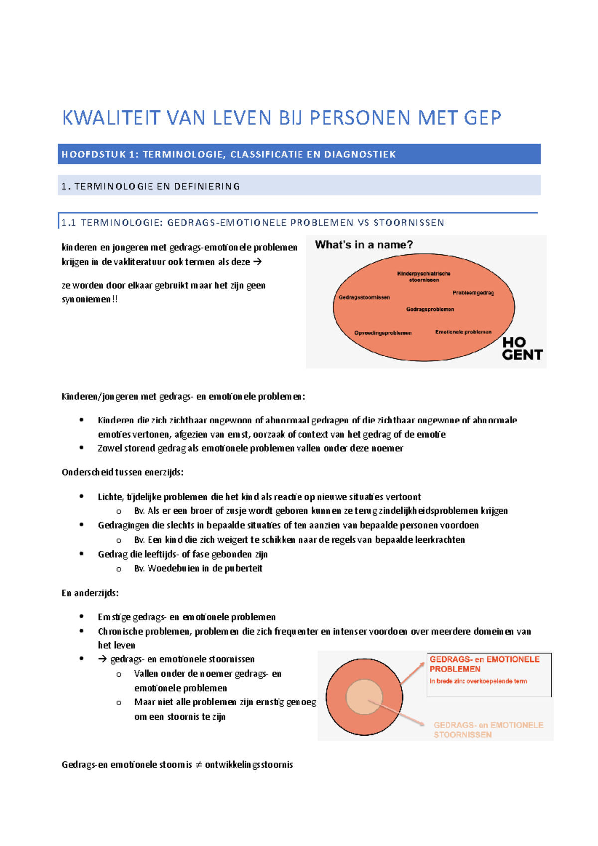 Samenvatting GEP - KWALITEIT VAN LEVEN BIJ PERSONEN MET GEP HOOFDSTUK 1: TERMINOLOGIE ...