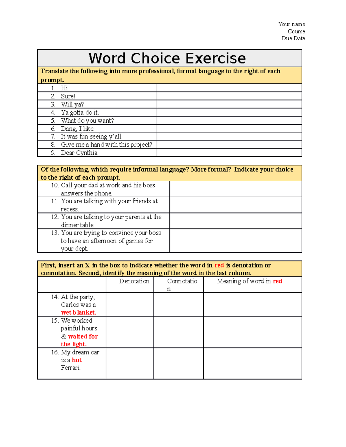 Diction Assignment - Your name Course Due Date Word Choice Exercise ...