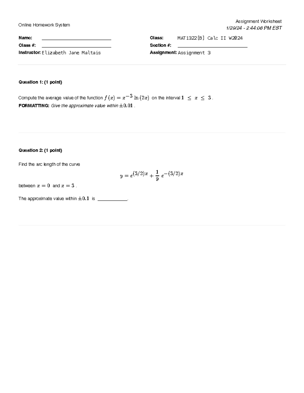 Möbius A3 - 2024 (BLANK) - Online Homework System Assignment Worksheet ...