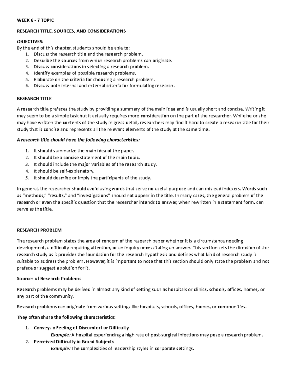 Lesson 6 7 PR1 - N/A - WEEK 6 - 7 TOPIC RESEARCH TITLE, SOURCES, AND CONSIDERATIONS OBJECTIVES ...