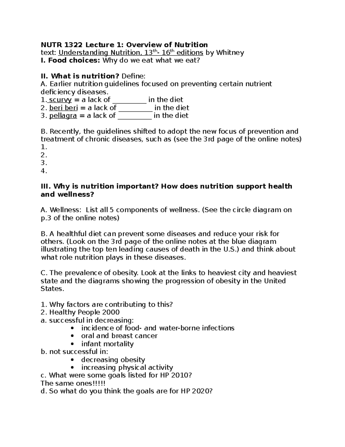 Chapter 1 Outline - NUTR 1322 Lecture 1: Overview of Nutrition text ...
