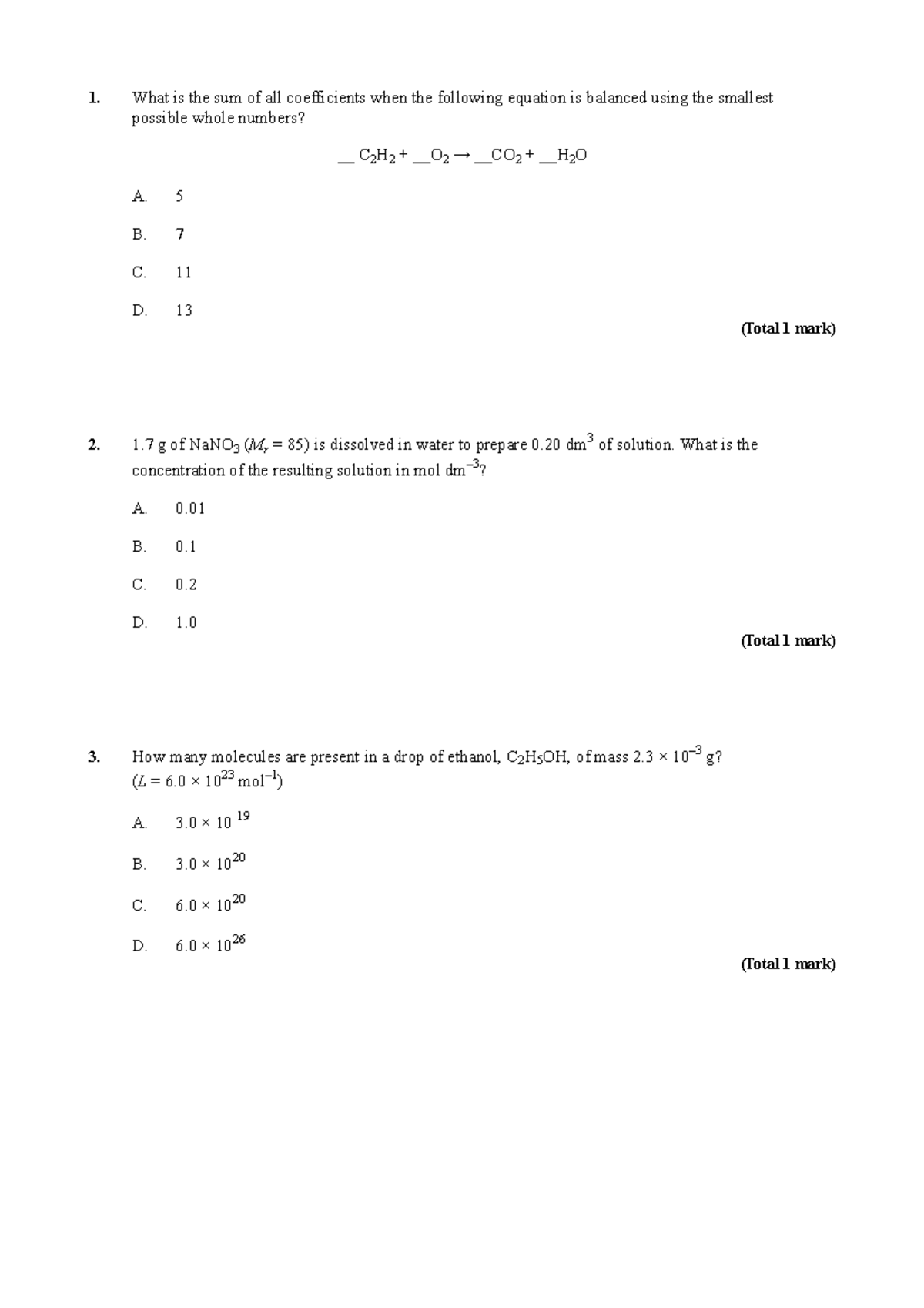 SL Quant Chem Topic 1 PDF - 1. What is the sum of all coefficients when ...