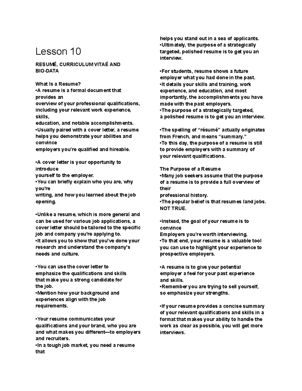 Lesson 10,11 and 12 - Lesson 10 RESUMÉ, CURRICULUM VITAÉ AND BIO-DATA ...