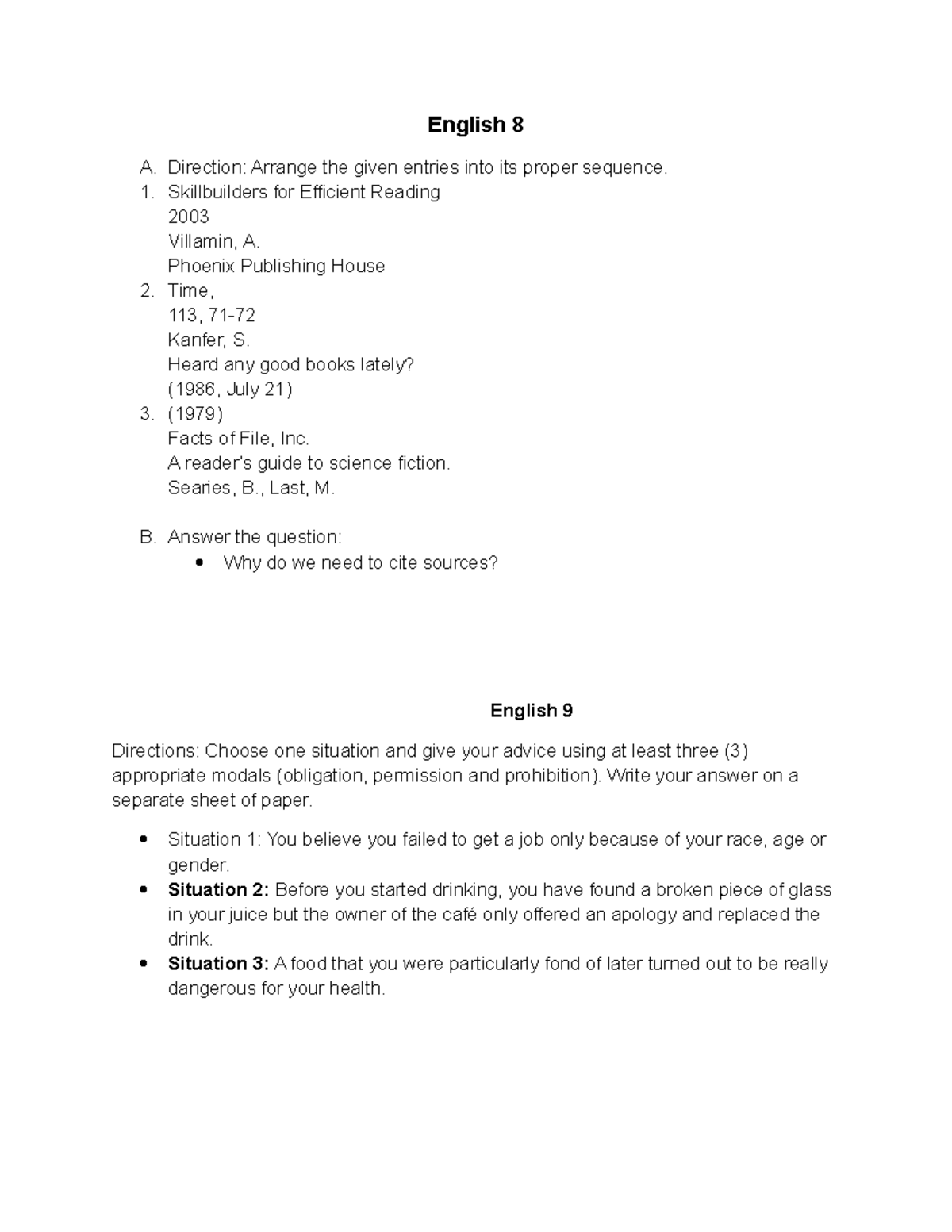 Activity - activities on the different types of sentences - English 8 A ...
