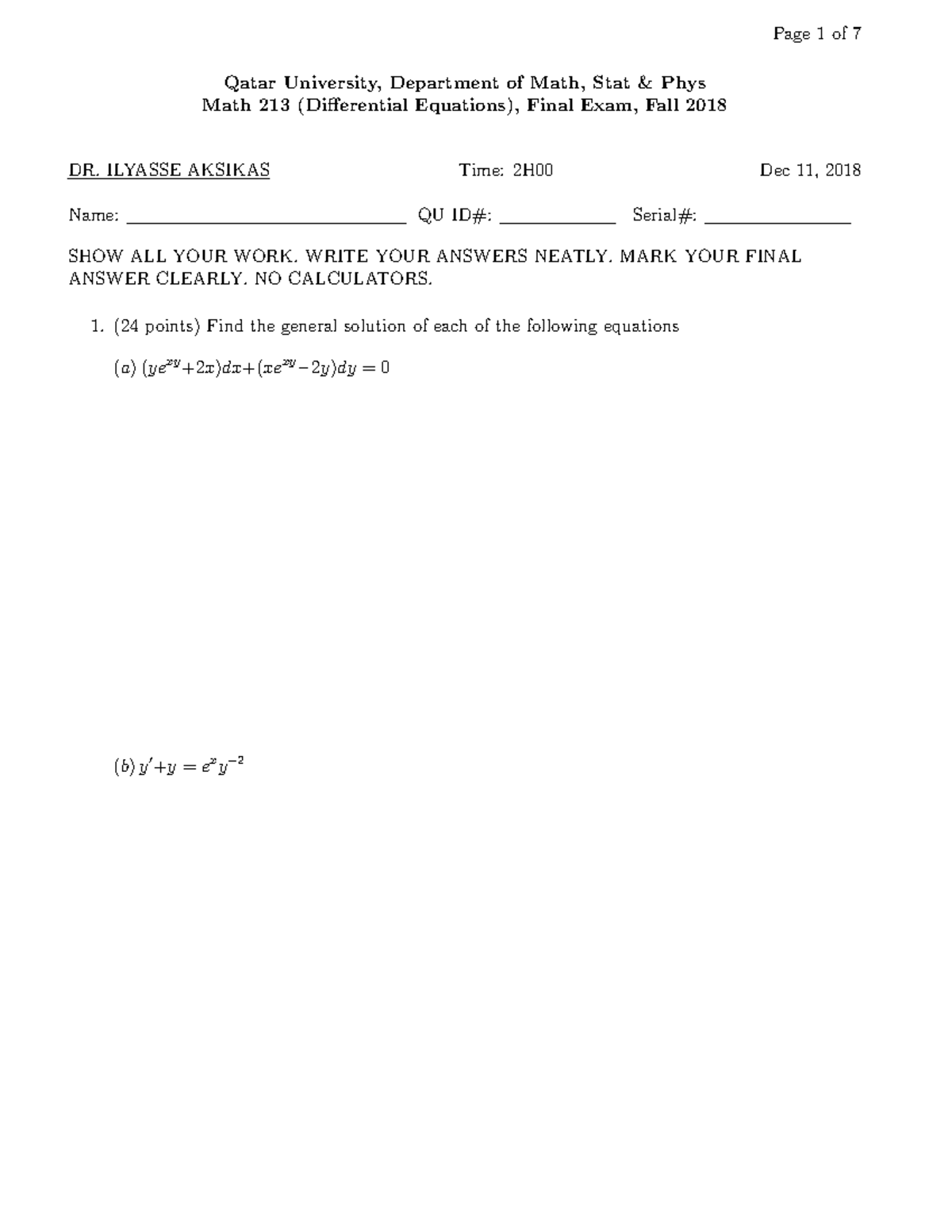 M213Fall2018 Final - Page 1 of 7 Qatar University, Department of Math ...