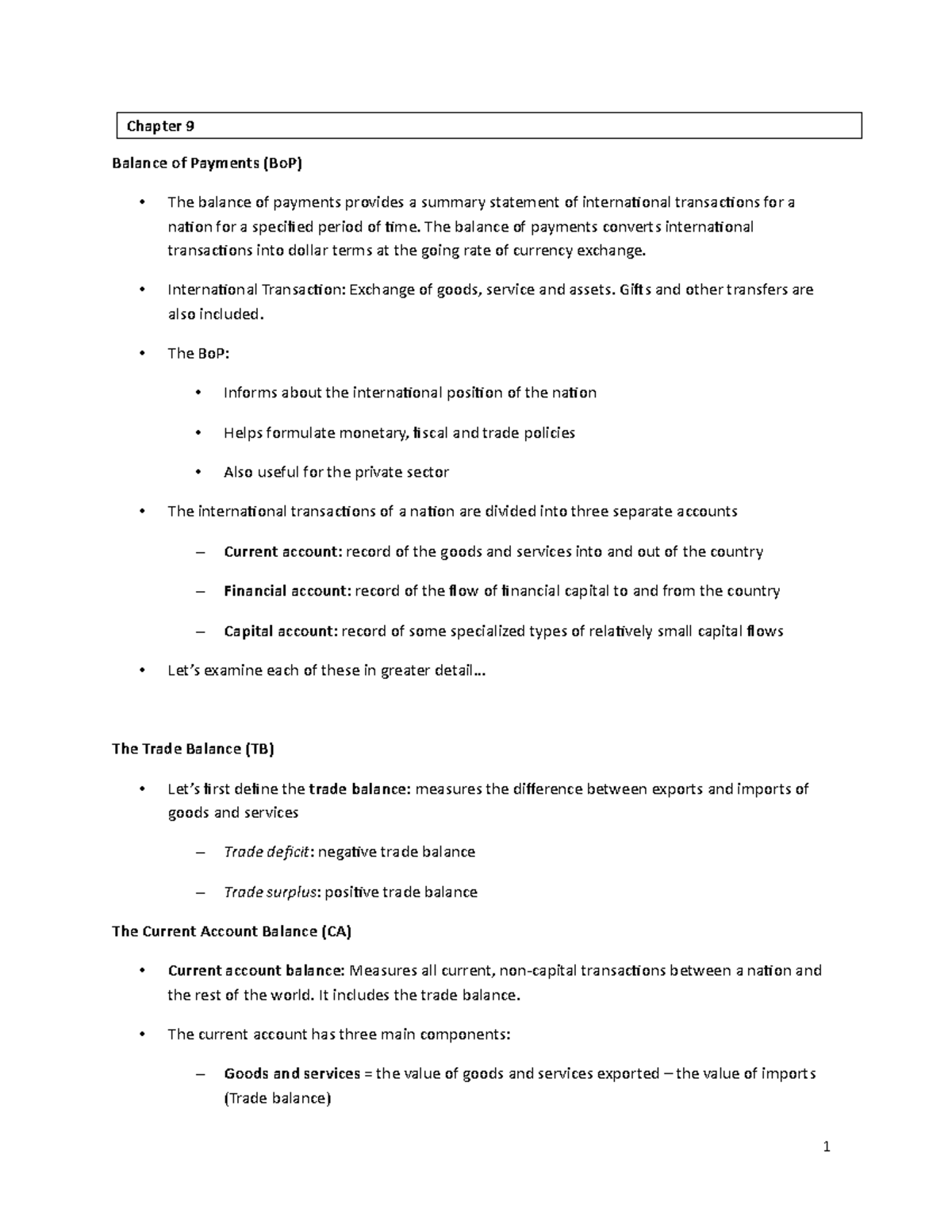 Chapter 9 - Notes chap 9 - 1 Chapter 9 Balance of Payments (BoP) The ...