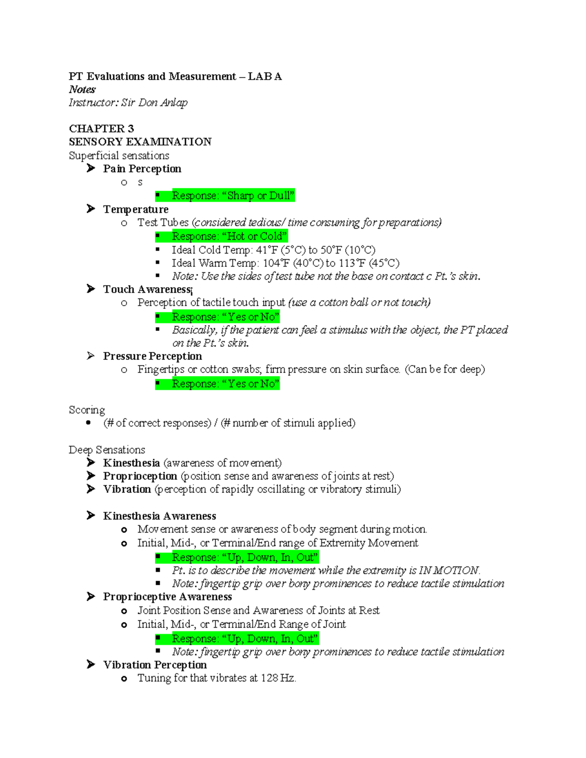 PT Eval Lab Notes-1 - For Evlua - PT Evaluations and Measurement – LAB ...
